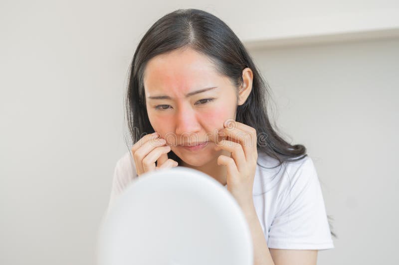 Dermatology Puberty Asian Young Woman Girl Looking Into Mirror