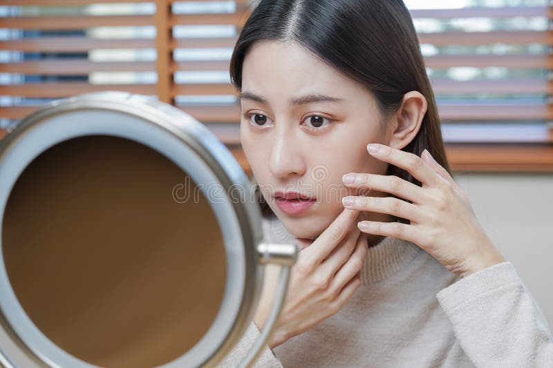 Dermatology Puberty Asian Young Woman Girl Looking Into Mirror