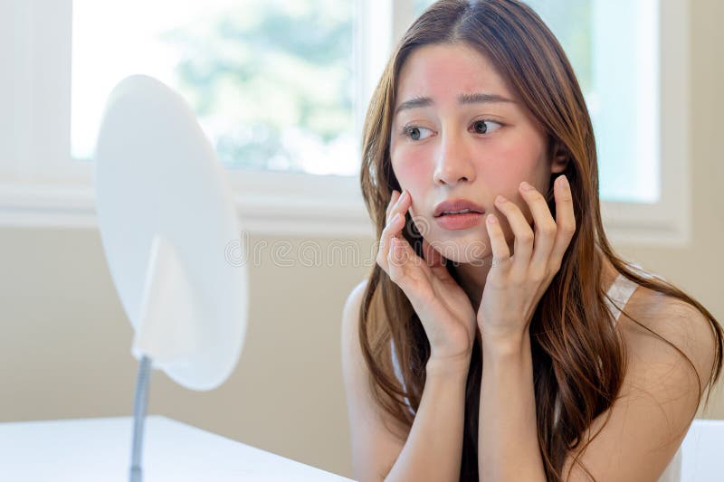 Dermatology Puberty Asian Young Woman Girl Looking Into Mirror