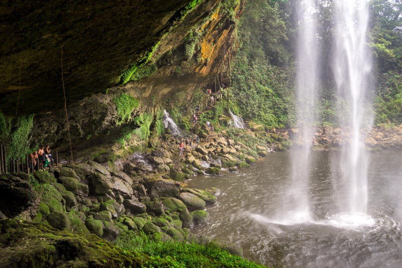 Derrière la cascade photographie éditorial. Image du feuilles - 69993697