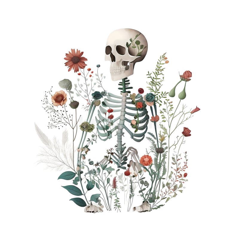 Skeleton and Botanical, Bones, Flowers Stock Illustration ...
