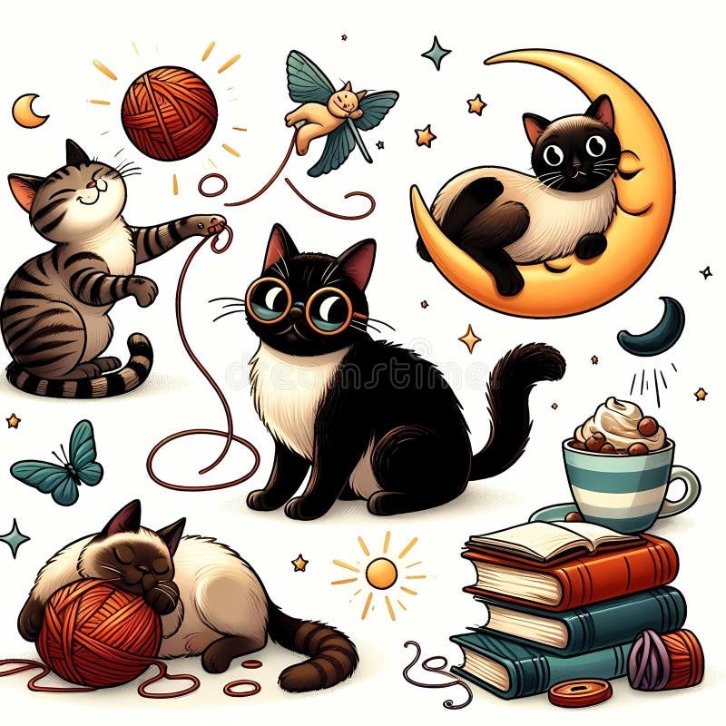 Cartoon Illustration of Several Cats Playing with Various Objects Stock ...