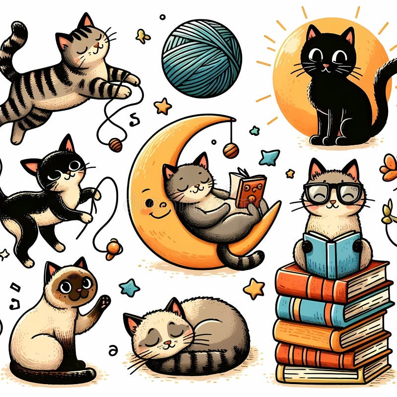 Cartoon Illustration of Several Cats Playing with Various Objects Stock ...