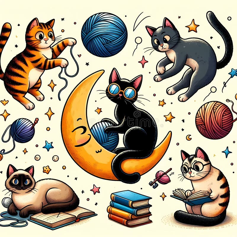 Cartoon Illustration of Several Cats Playing with Various Objects Stock ...