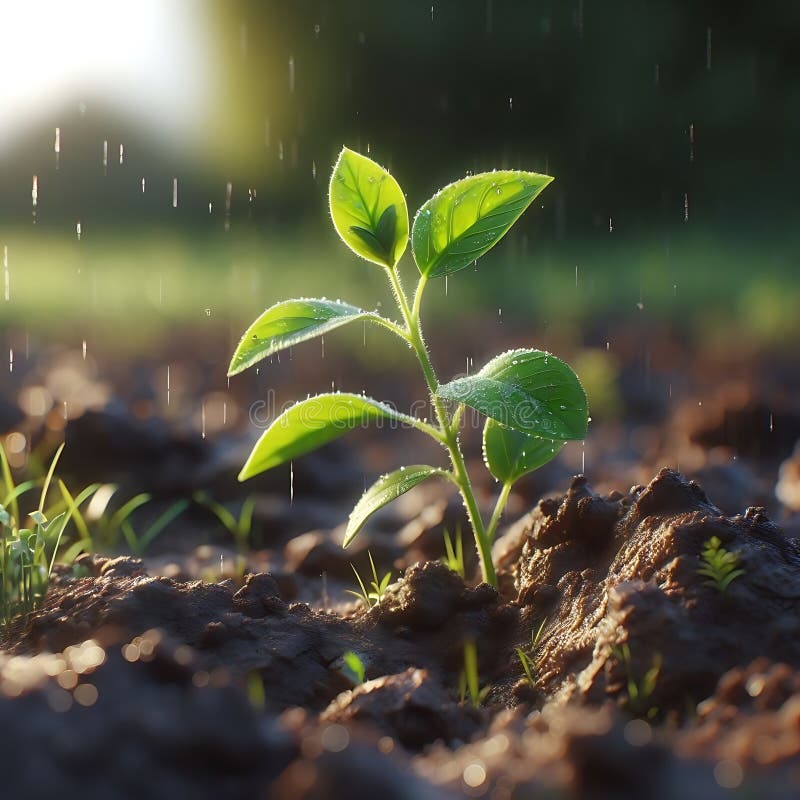 A Single Small, Green Plant Pushing Its Way through Wet Soil Stock ...
