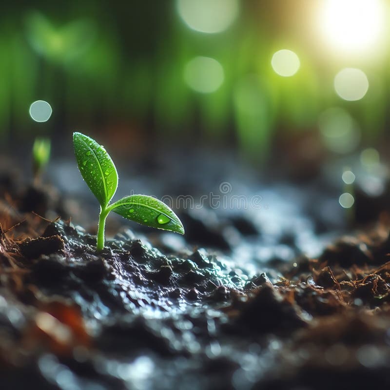 A Single Small, Green Plant Pushing Its Way through Wet Soil Stock ...