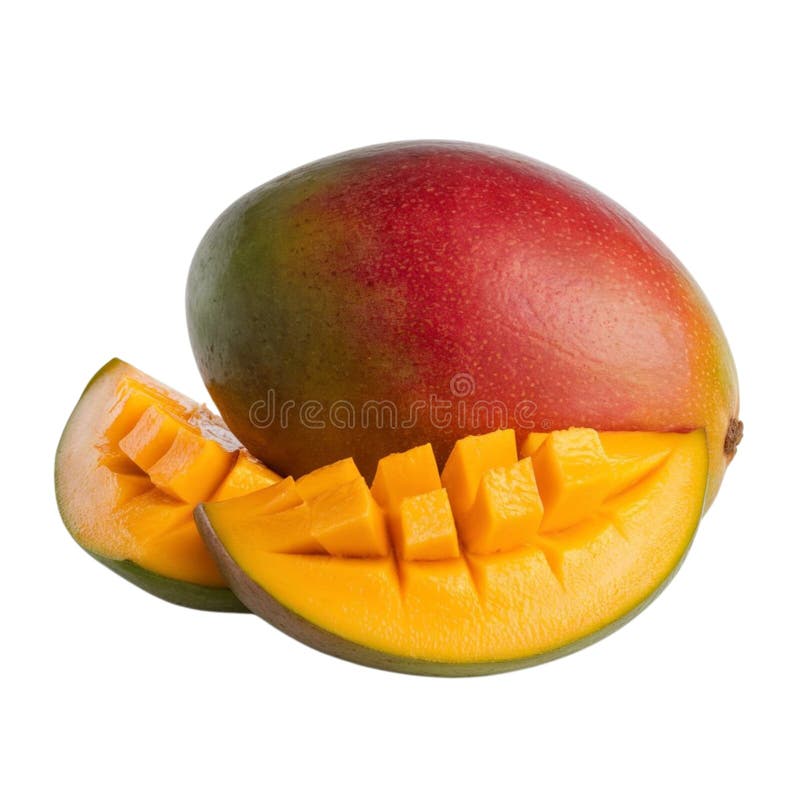 One Mango and Several Mango Slices on a White Background Stock ...