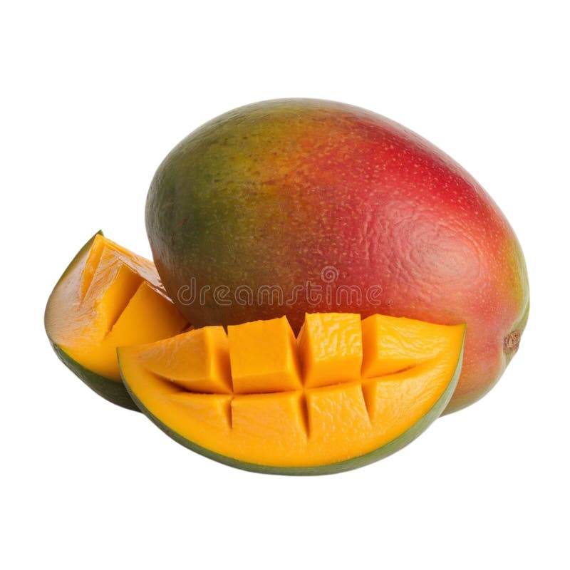 One Mango and Several Mango Slices on a White Background Stock ...