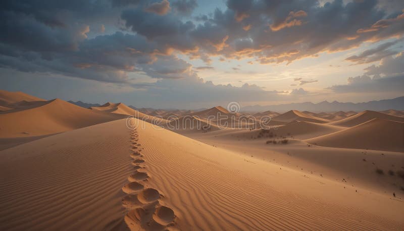 Endless Desert Dunes: Footprints Across Arid Landscape at Sunset Stock ...