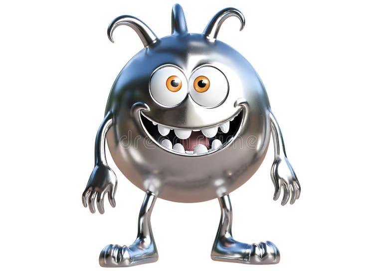 A Shiny Silver Cartoon Character with a Spherical Body and Exaggerated ...