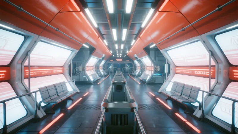 Sci-Fi Interior Hallway in Red and Blue Color Scheme with Glowing Floor ...
