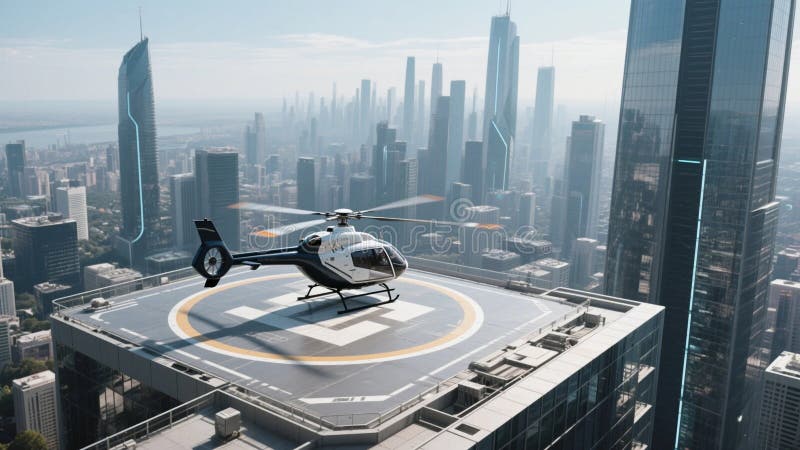 Helicopter Hovering Above Rooftop Helipad in High-Tech City Stock ...