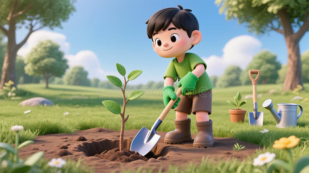 Cute Cartoon Boy Planting a Sapling Stock Illustration - Illustration ...