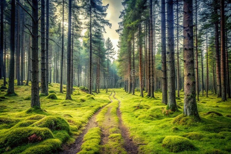 Desaturated Forest Path with Pine Trees and Moss-Covered Terrain Stock ...