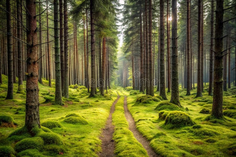 Desaturated Forest Path with Pine Trees and Moss-Covered Terrain Stock ...