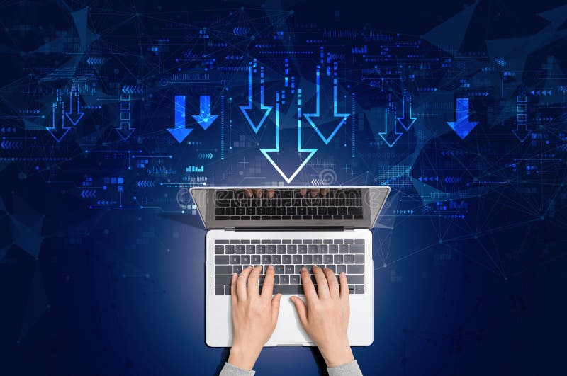 Descending Arrows with Person Using Laptop Stock Image - Image of ...