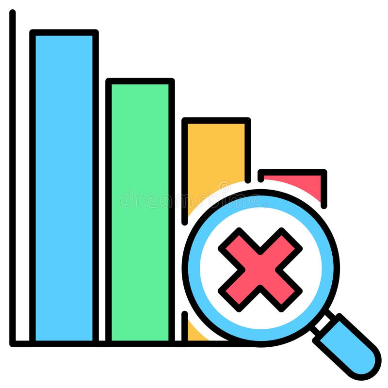 Descending Bar Graph Chart with Magnifying Glass and Error Symbol Icon ...