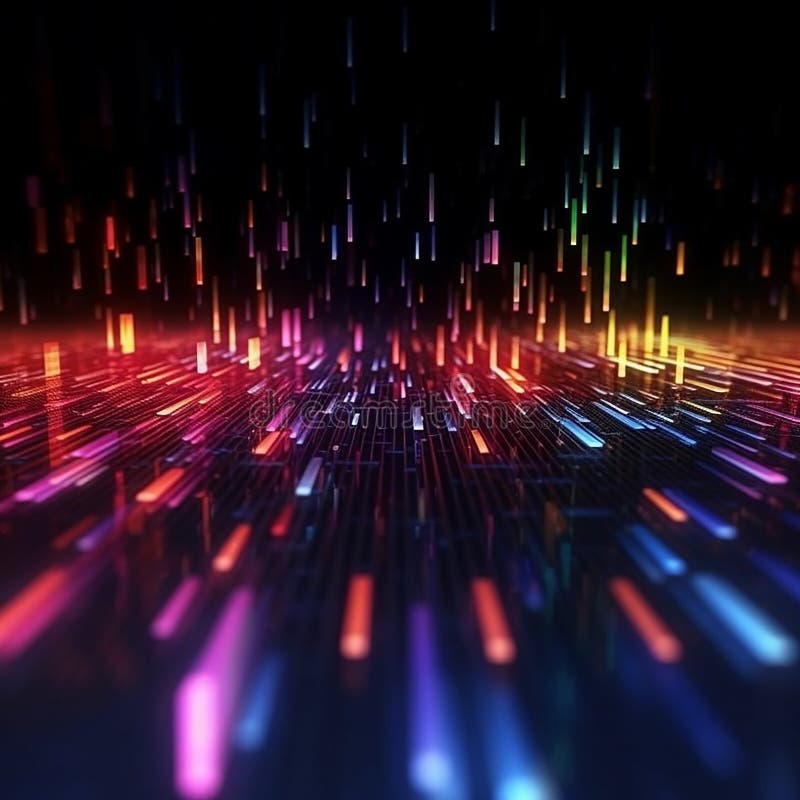 Descending Colored Beams of Light, Data Reflected Off a Dark Wet ...