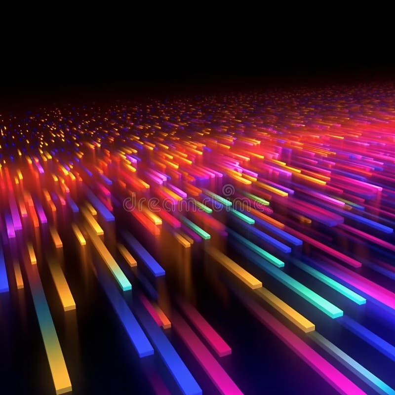 Descending Colored Beams of Light, Data Reflected Off a Dark Wet ...