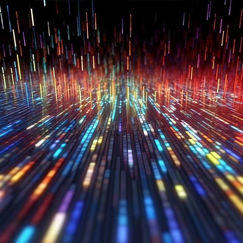 Descending Colored Beams of Light, Data Reflected Off a Dark Wet ...