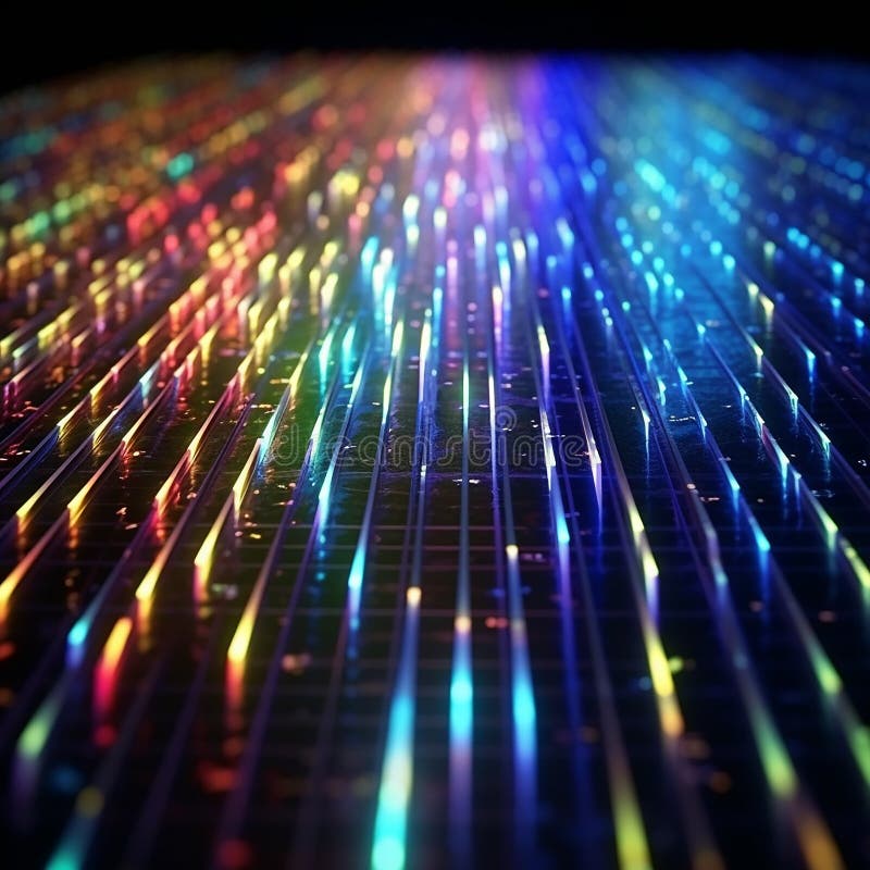Descending Colored Beams of Light, Data Reflected Off a Dark Wet ...