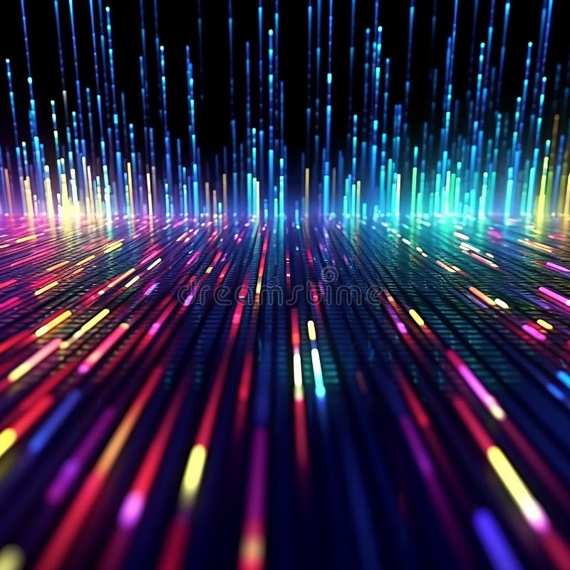 Descending Colored Beams of Light, Data Reflected Off a Dark Wet ...