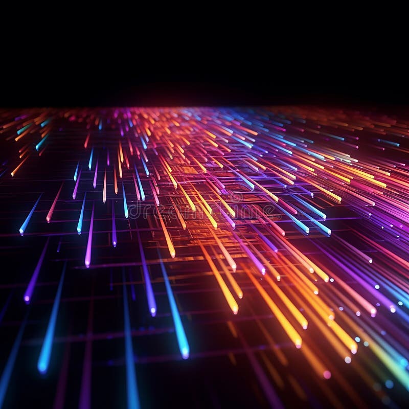 Descending Colored Beams of Light, Data Reflected Off a Dark Wet ...