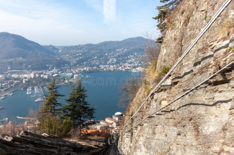 Descent on the Brunate-Como Funicular. View from the Cockpit Stock ...