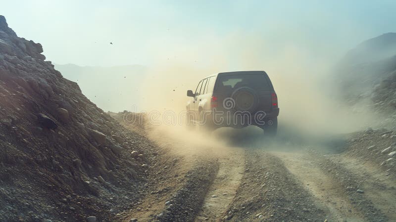 Descent Down Trail, SUV Rear View, Dust Flying . Stock Image - Image of ...