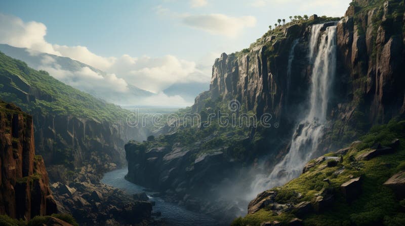 Dramatic Waterfall with Misty Spray, Surrounded by Lush Greenery Stock ...