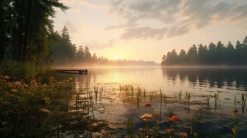 A Serene Lakeside Scene at Dawn Stock Illustration - Illustration of ...