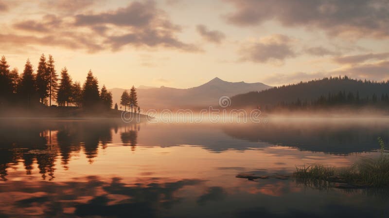 A Serene Lakeside Scene at Dawn Stock Illustration - Illustration of ...