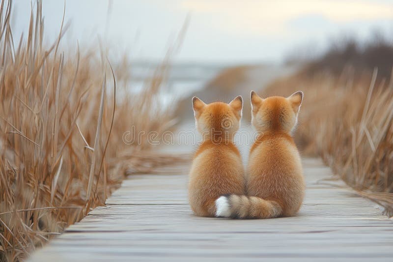 Two Cute Fox Cubs Sitting on Boardwalk with Tails Up, Stock ...