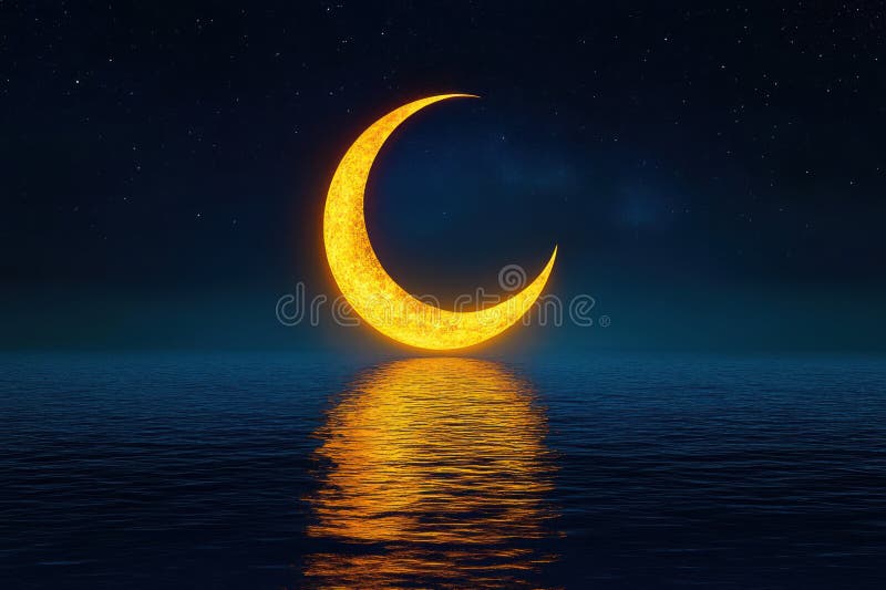 Majestic Crescent Moon Shining Over Tranquil Starry Night on the Sea ...