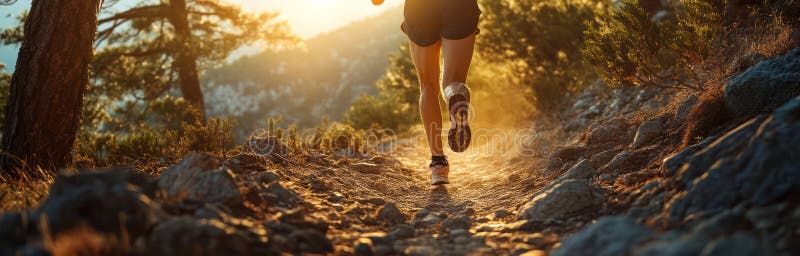 Determined Trail Runner in Motion Over Rugged Terrain with Copy Space ...
