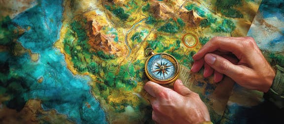 Closeup of Hands Holding Map, Compass, and Clues for a Colorful ...
