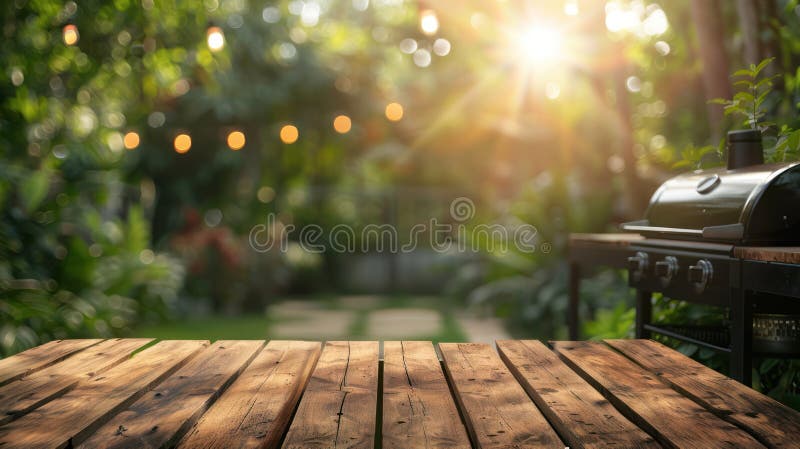 Summer BBQ in Backyard Garden with Wooden Table and Blurred Background ...
