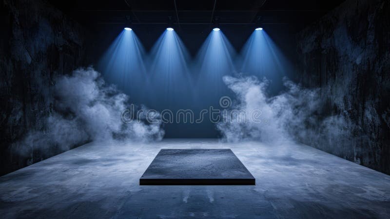 Mysterious Dark Stage with Blue Spotlights and Smoke for Display Stock ...
