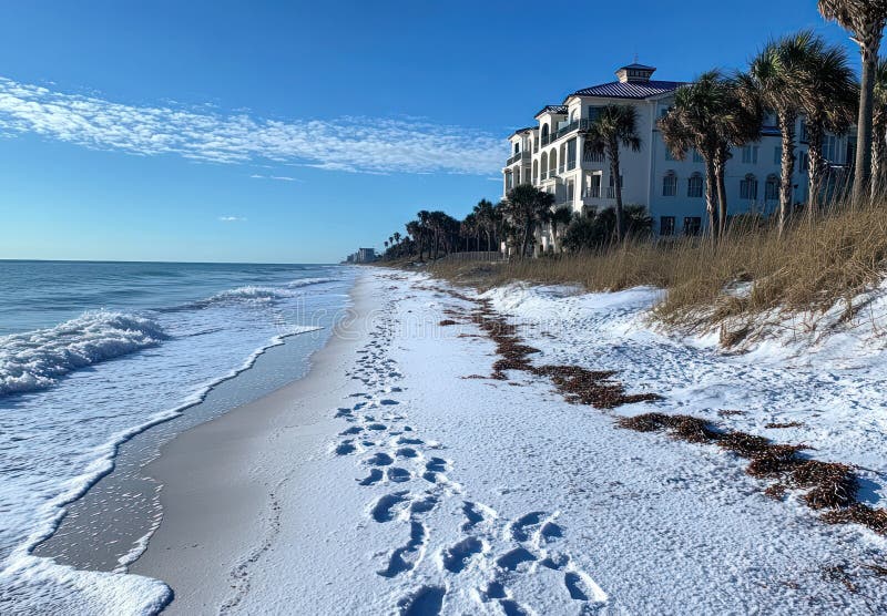 Snow-covered 30A Beach in Florida: Footprints To Hotel with Palm Trees ...