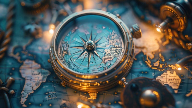 Vintage Nautical Travel Instruments on Map Background - Travel ...