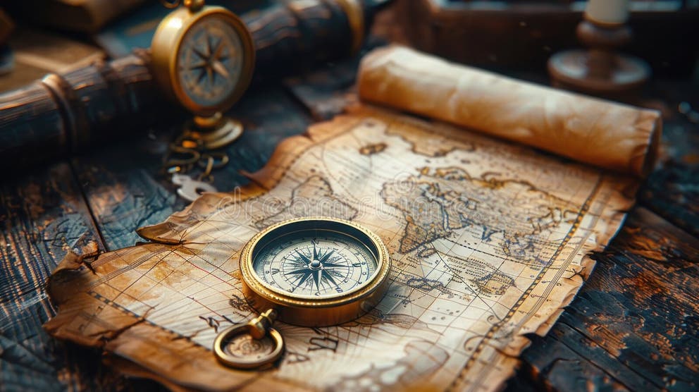 Pirate Ship Treasure Map and Compass on Wooden Table Background Stock ...