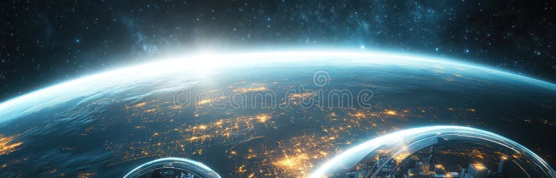 Futuristic Space Colony with Earth in Background, Transparent Domes ...