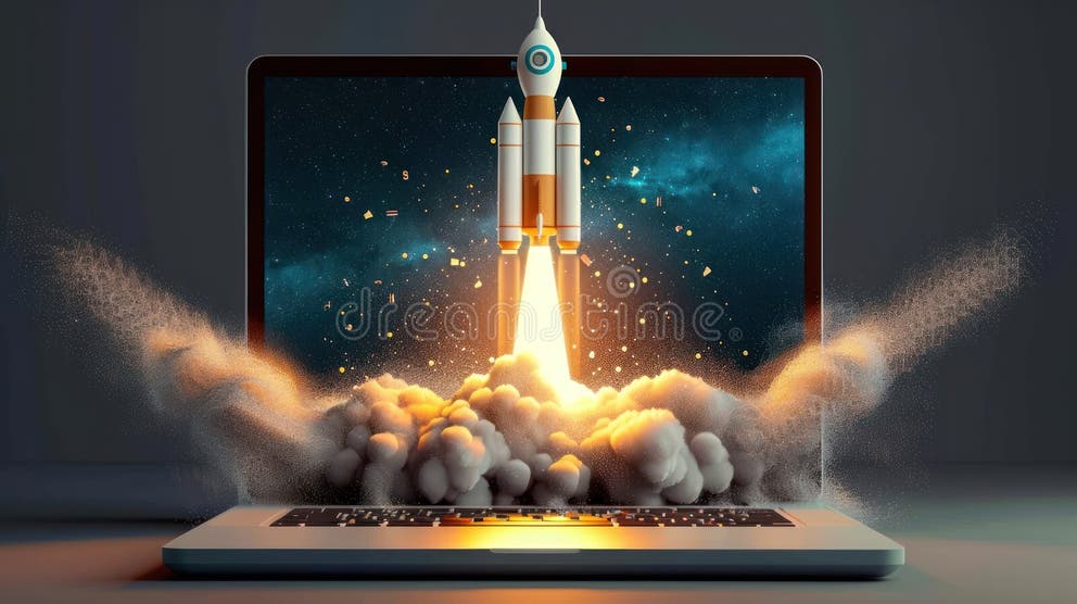 Virtual Launch: AI-Generated Space Rocket Soaring from Laptop Screen ...