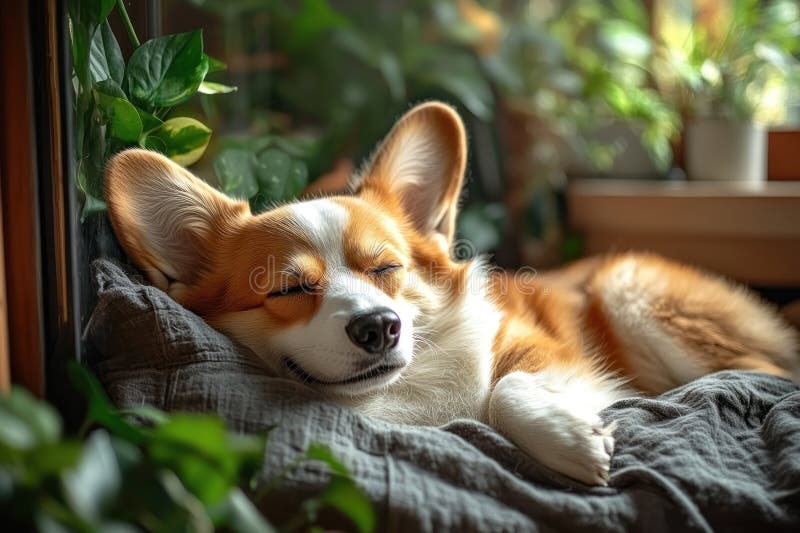 Corgi Dog Peacefully Napping in the Sun by the Window Stock ...