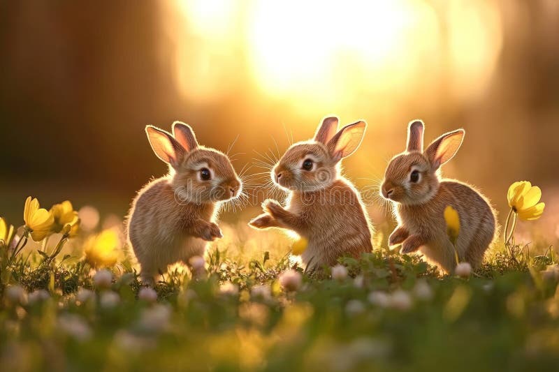 Three Playful Rabbits Frolicking in a Spring Meadow, Ideal for Easter ...