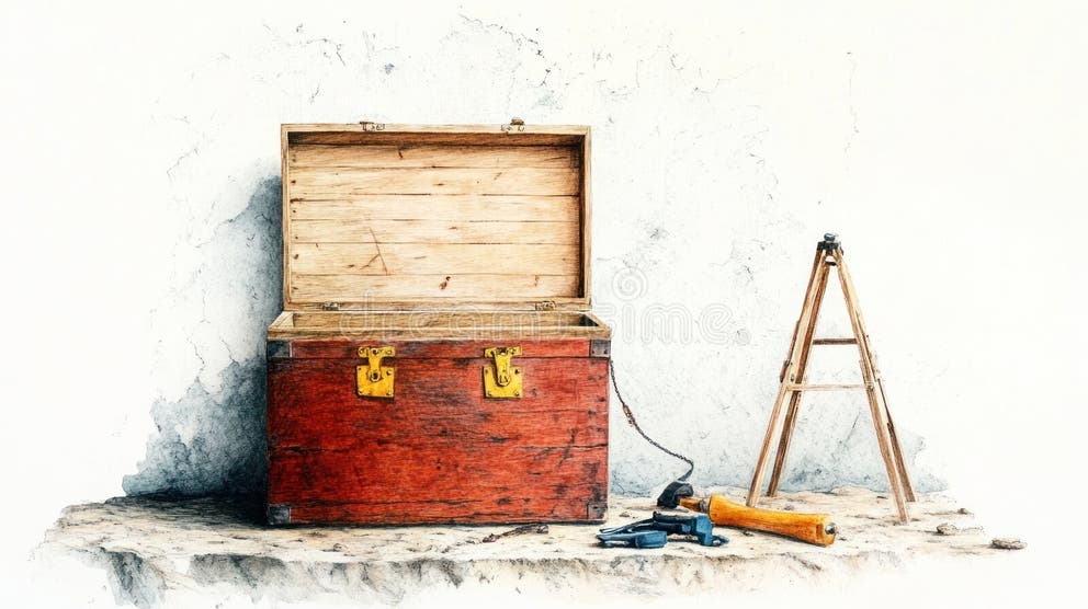 Vintage 1930s Wooden Toolbox in Rustic Setting with Sepia Oil Painting ...