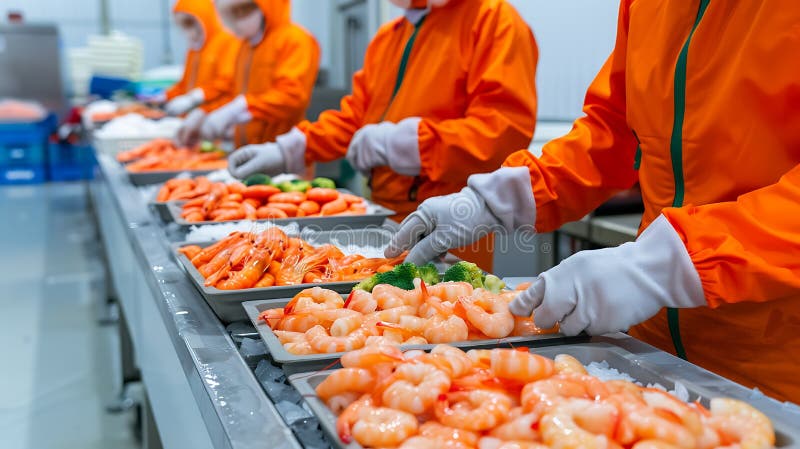 **Title:** Fresh Shrimp Processing: Workers in Orange Suits Carefully ...