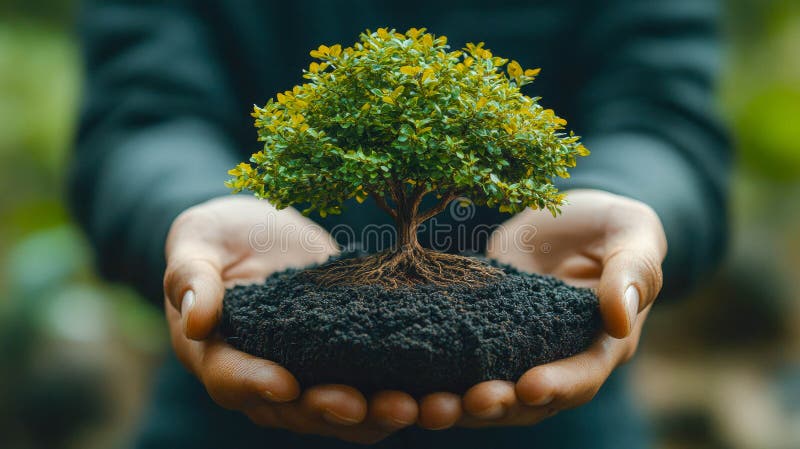 Description: Close-up of Hands Holding Soil with a Small Tree ...