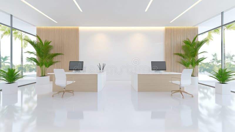 Contemporary Open Concept Office Interior with White Desks and Chairs ...