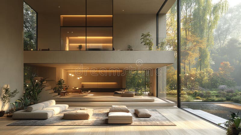 Cozy Living Room with Fireplace and Staircase Interior 3D Render Stock ...